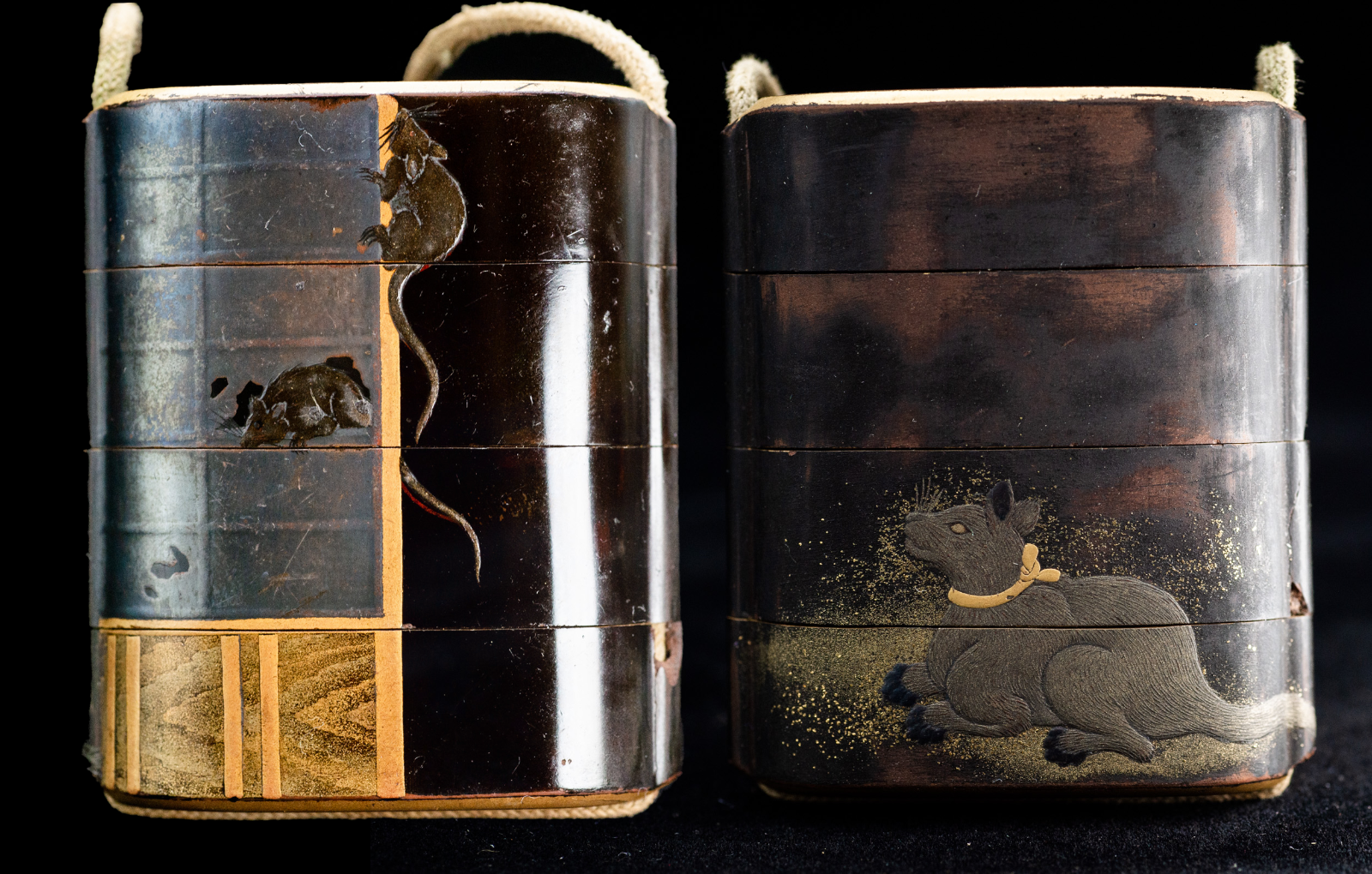 RARE Antique Makie Inro cat aiming mice Edo Period Samurai Japanese An ...